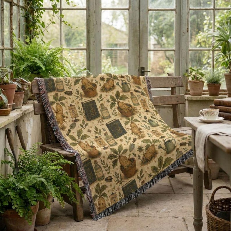 Mandrake Root Woven Blanket, Herbology Plant and Book Cotton Throw ...