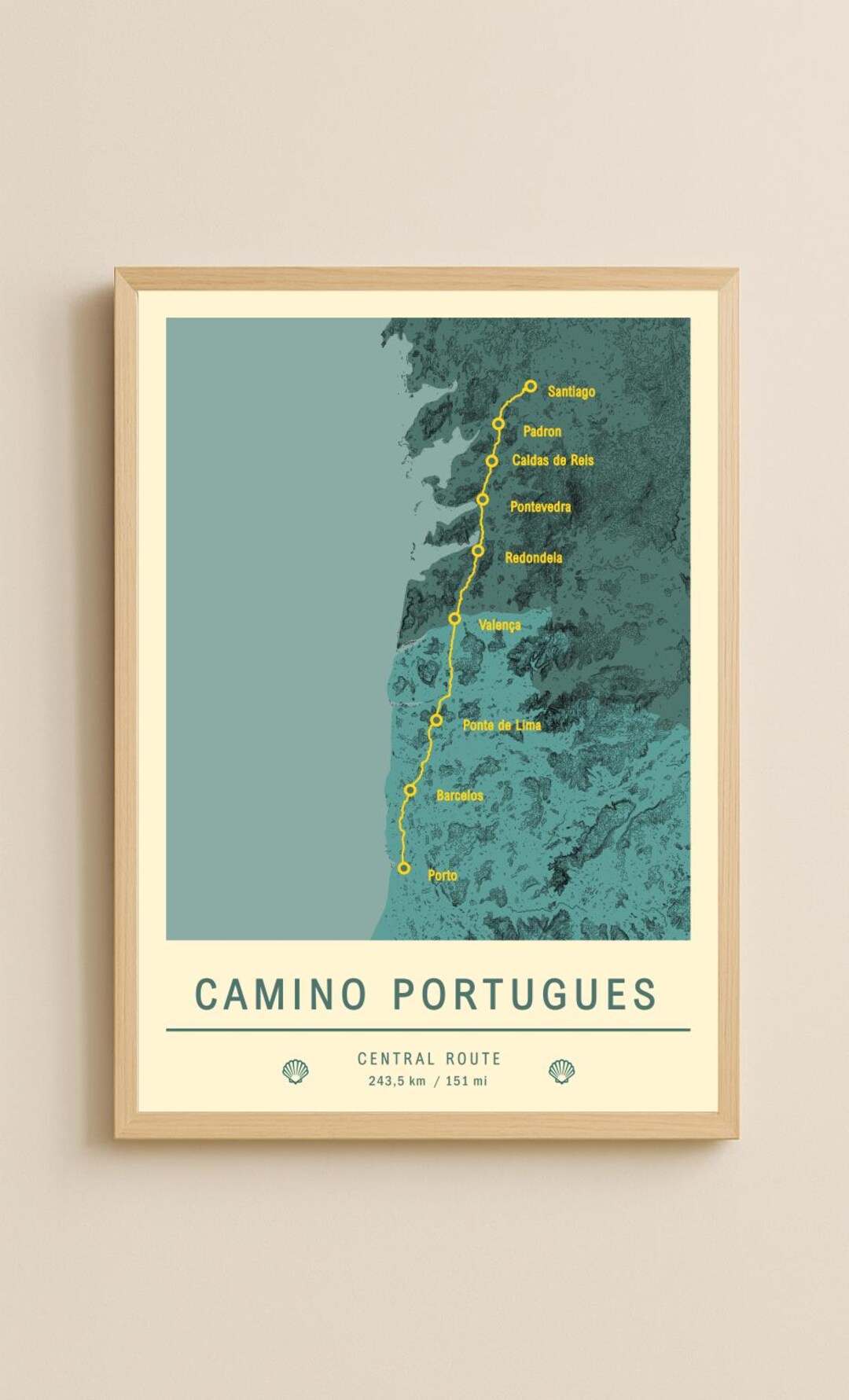 Camino Portugues Central Map Print: Pilgrim Route Art - Vintage ...