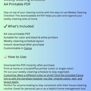 Weekly Cleaning Checklist: Printable Home Cleaning Organizer (canva ...