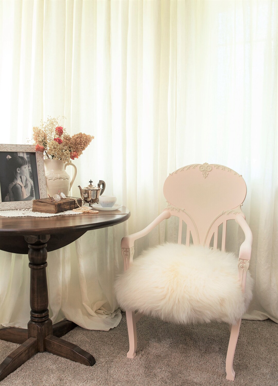 Pink Vintage Chair With Sheepskin-sold-please Request Your Custom ...