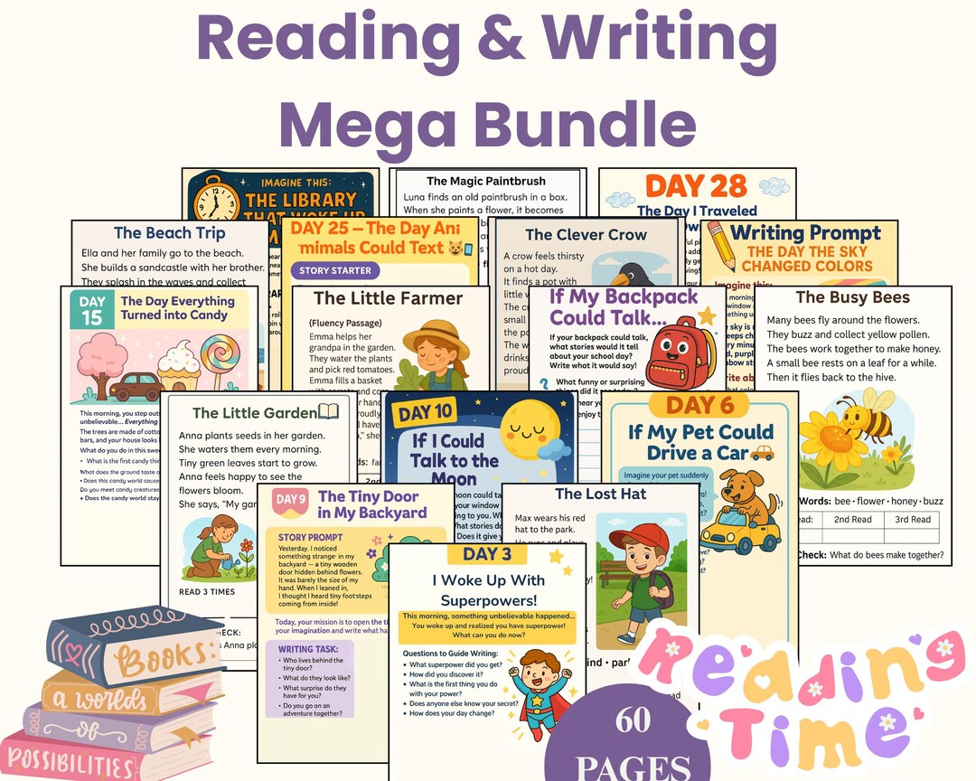 Reading Fluency and 30 Days of Writing Prompts Bundle | 60 Printable ...
