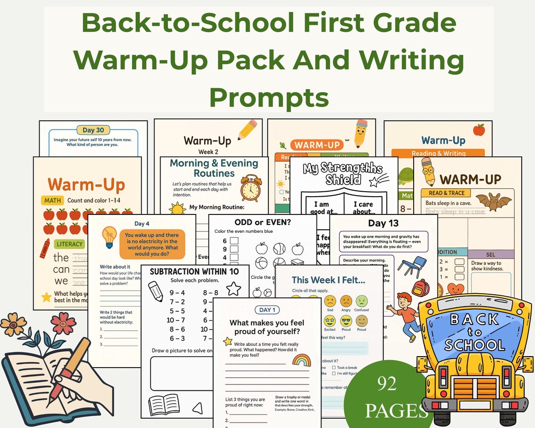 First Grade Warm-up Activity Bundle: 92-page Writing Prompts (PDF ...
