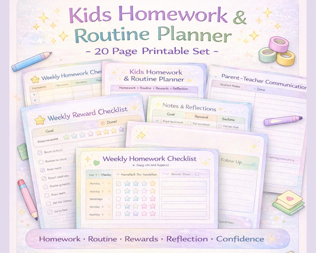 Kids Homework & Daily Routine Planner – 20 Page Printable Set ...