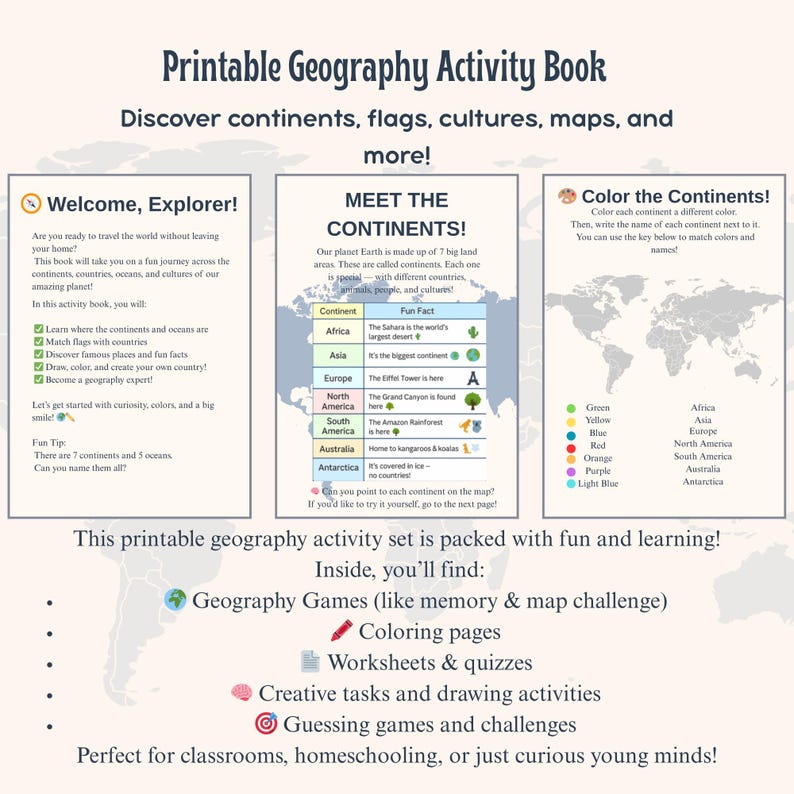 Geography Activity Pack: Kids' Maps, Continents, Oceans (printable PDF ...