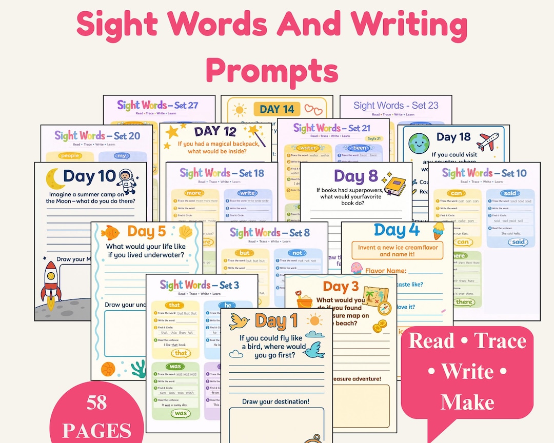 Sight Word Worksheets and Writing Prompts, Printable PDF - Etsy
