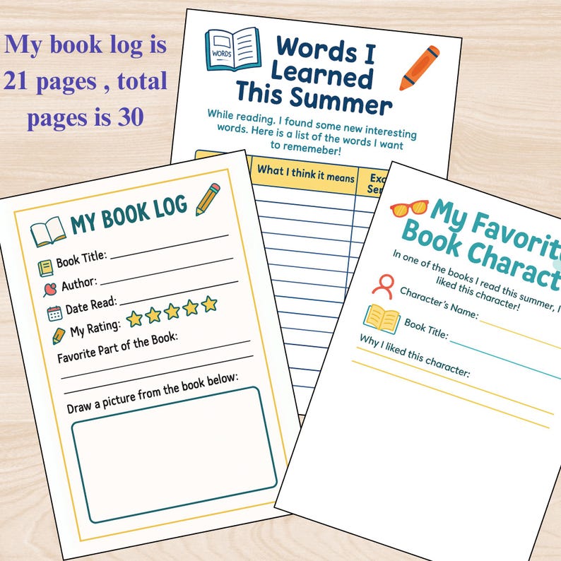 Kids Reading Journal: Printable Book Log, Vocabulary Builder (PDF ...