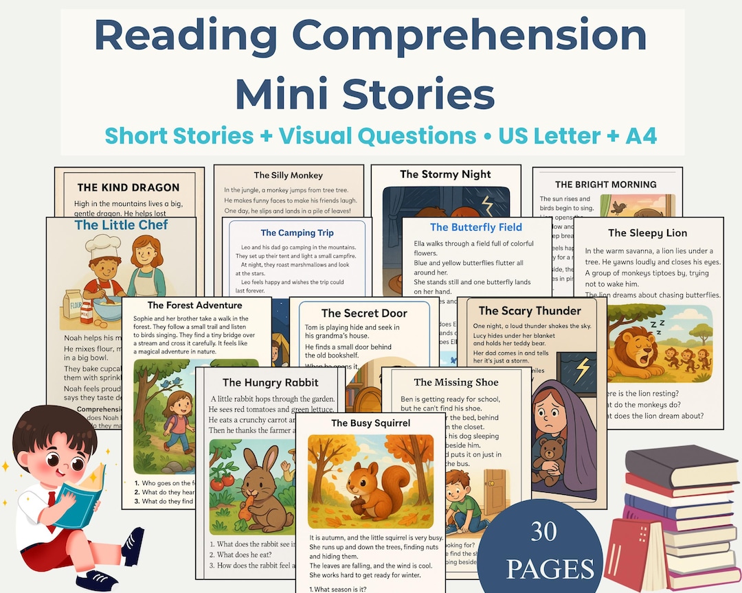Reading Comprehension Mini Stories Workbook – 30 Page Colourful ...
