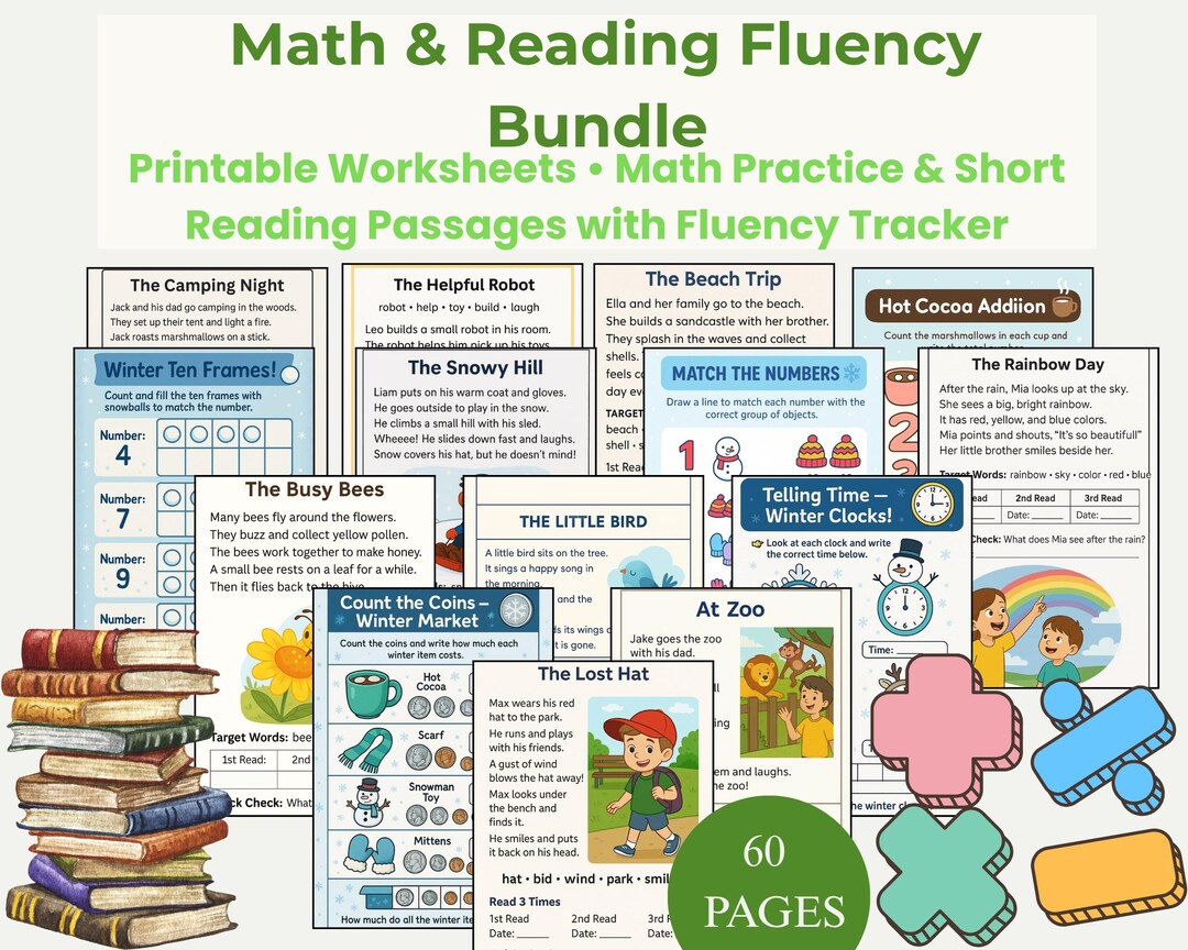 Math & Reading Fluency Worksheets – Winter Theme (60 Printable Pages ...