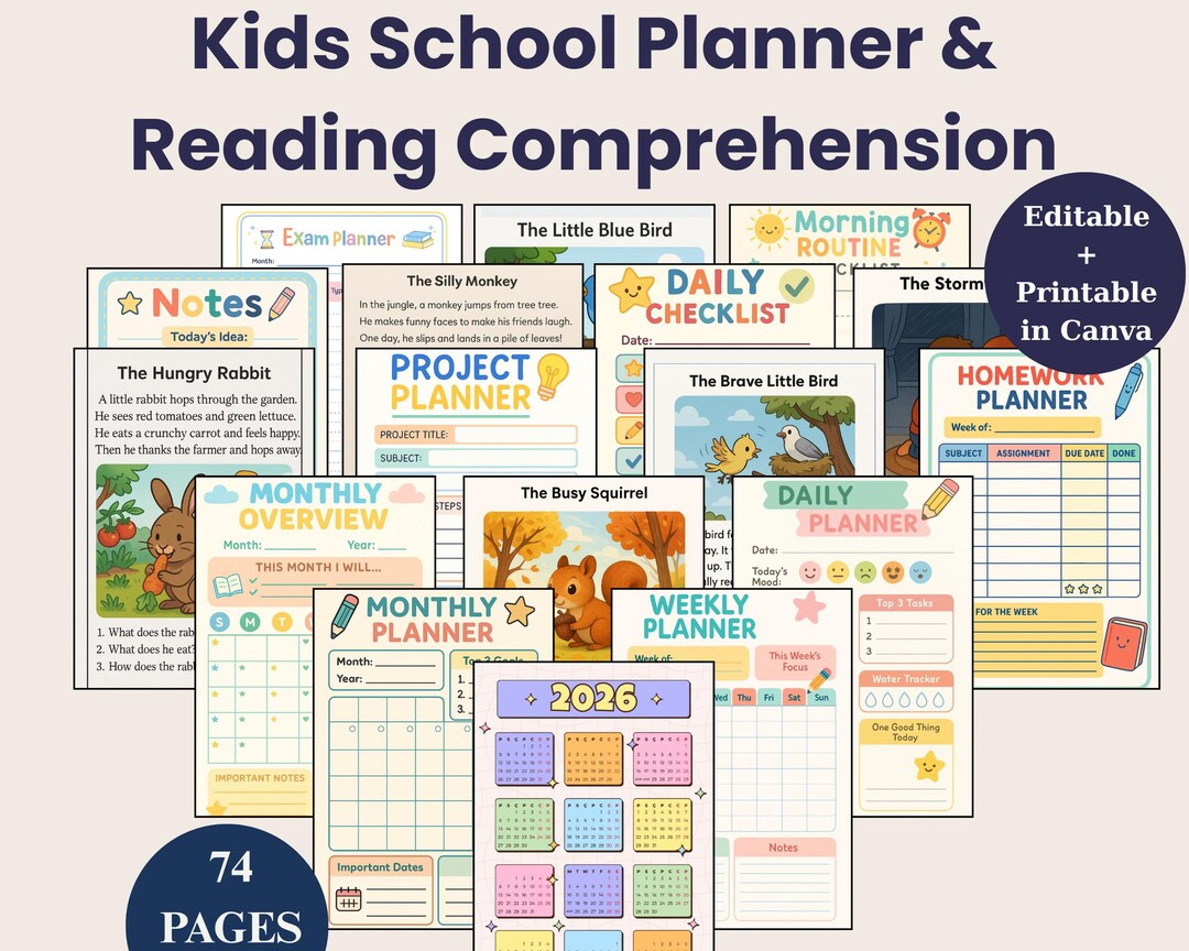 Editable Kids School Planner 2026 and Reading Comprehension Worksheets ...