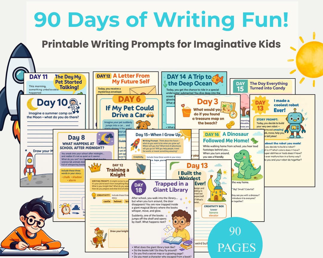 90 Writing Prompts for Kids , Printable, Journal, Minimalist, Creative ...