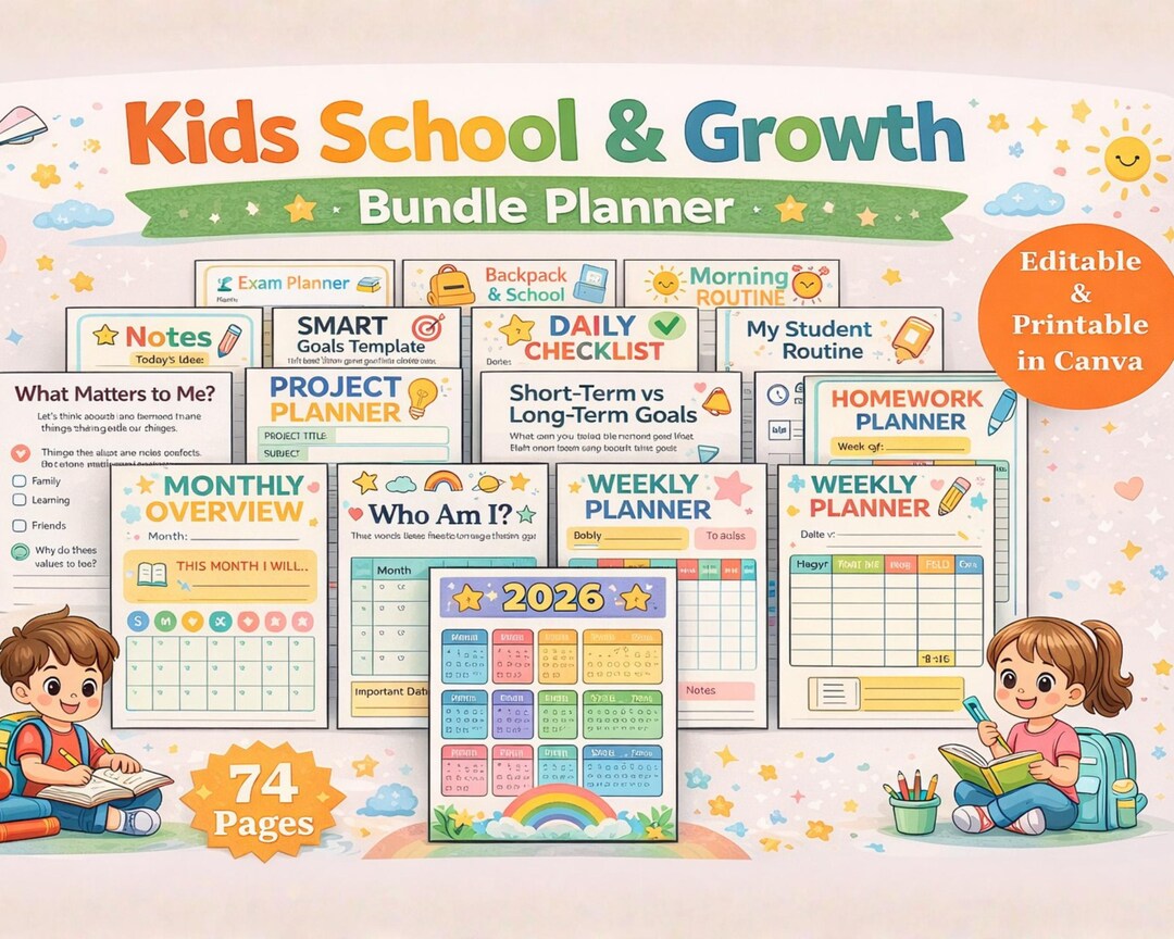 Editable Kids School Planner 2026 and Personal Growth Bundle for Kids ...