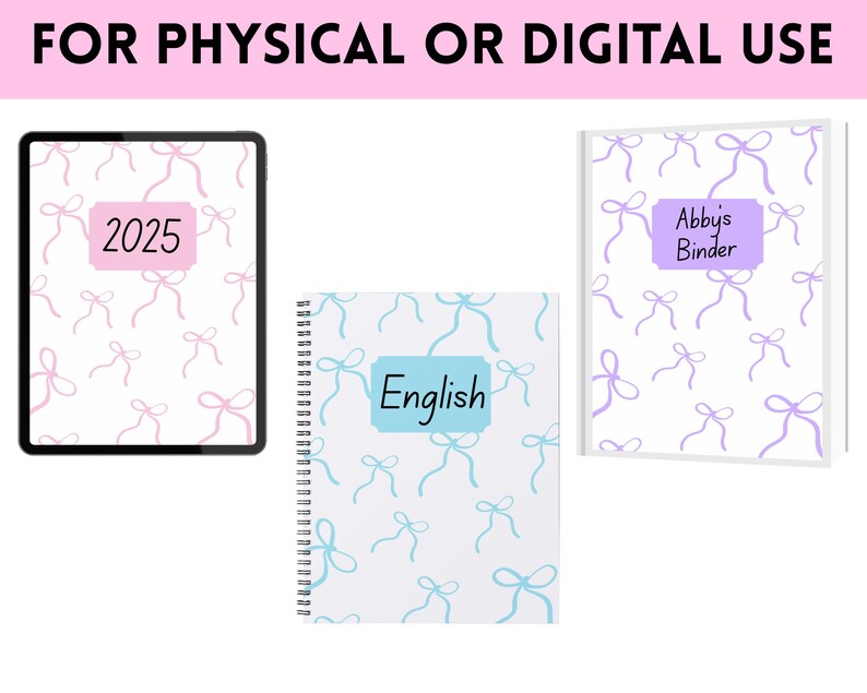 6 Rainbow Pastel Bow Binder and Planner Covers | Editable A4+A5 Digital ...