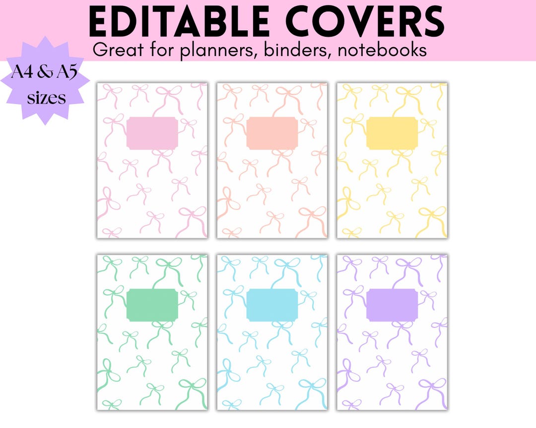 6 Rainbow Pastel Bow Binder and Planner Covers | Editable A4+A5 Digital ...