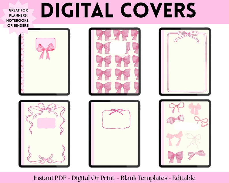 Pretty Pastel Pink Bow Planner Covers | Printable Journal, Notebook ...