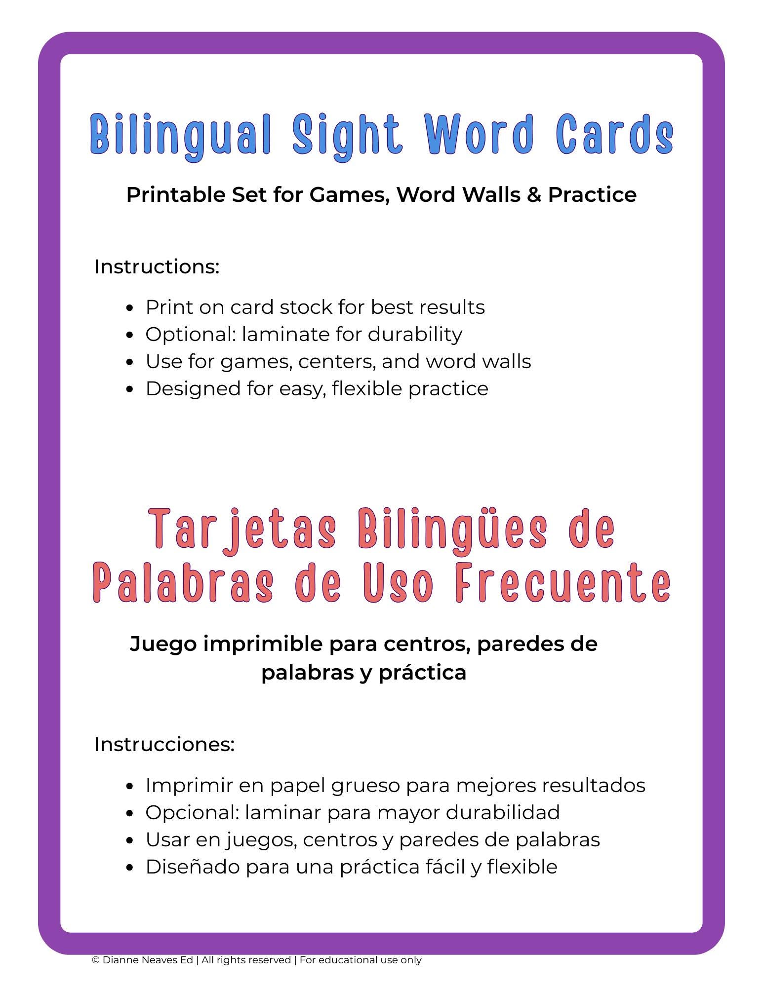 Printable Bilingual Sight Word Cards | Spanish | English | 400+ Cards ...