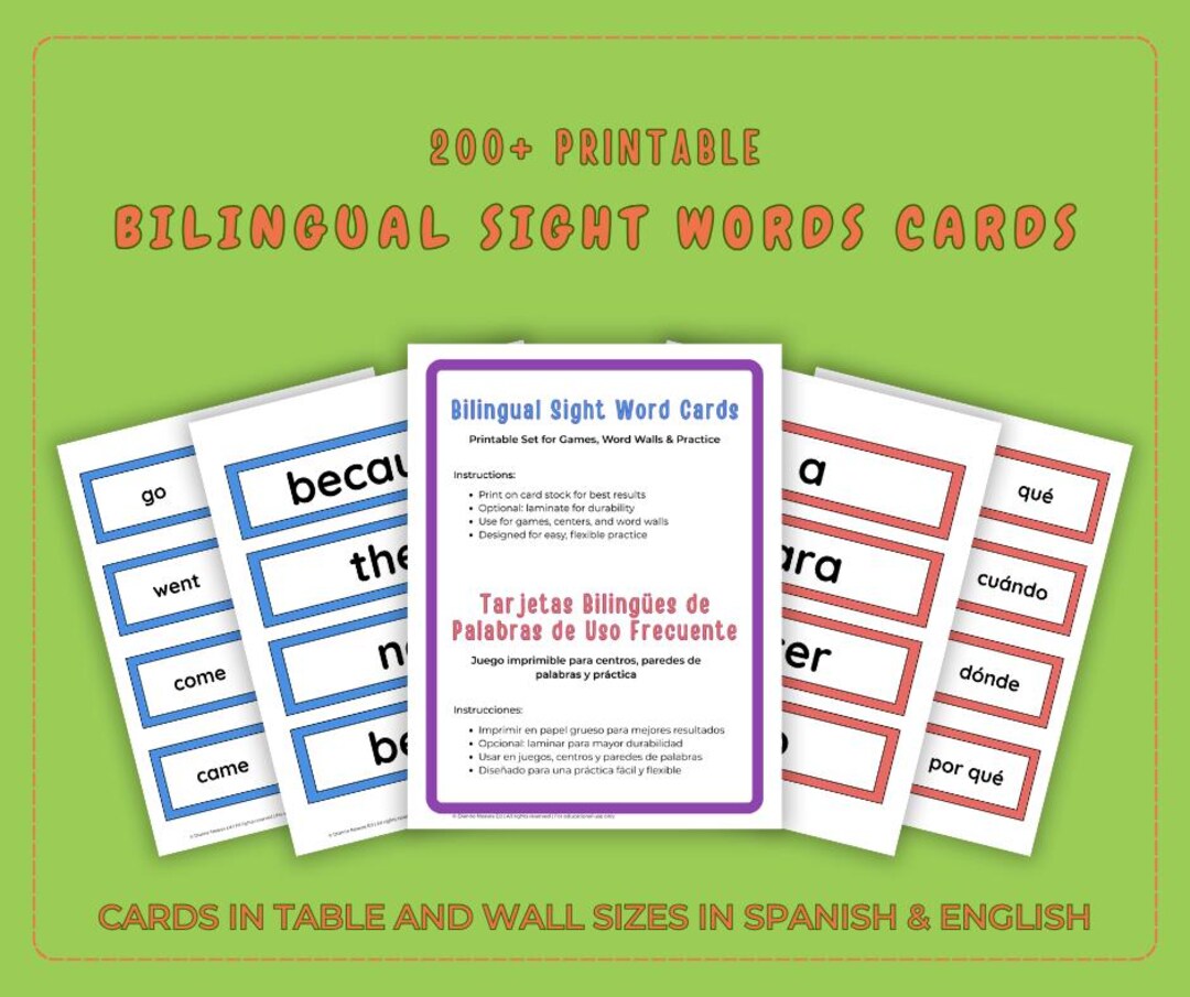 Printable Bilingual Sight Word Cards | Spanish | English | 400+ Cards ...