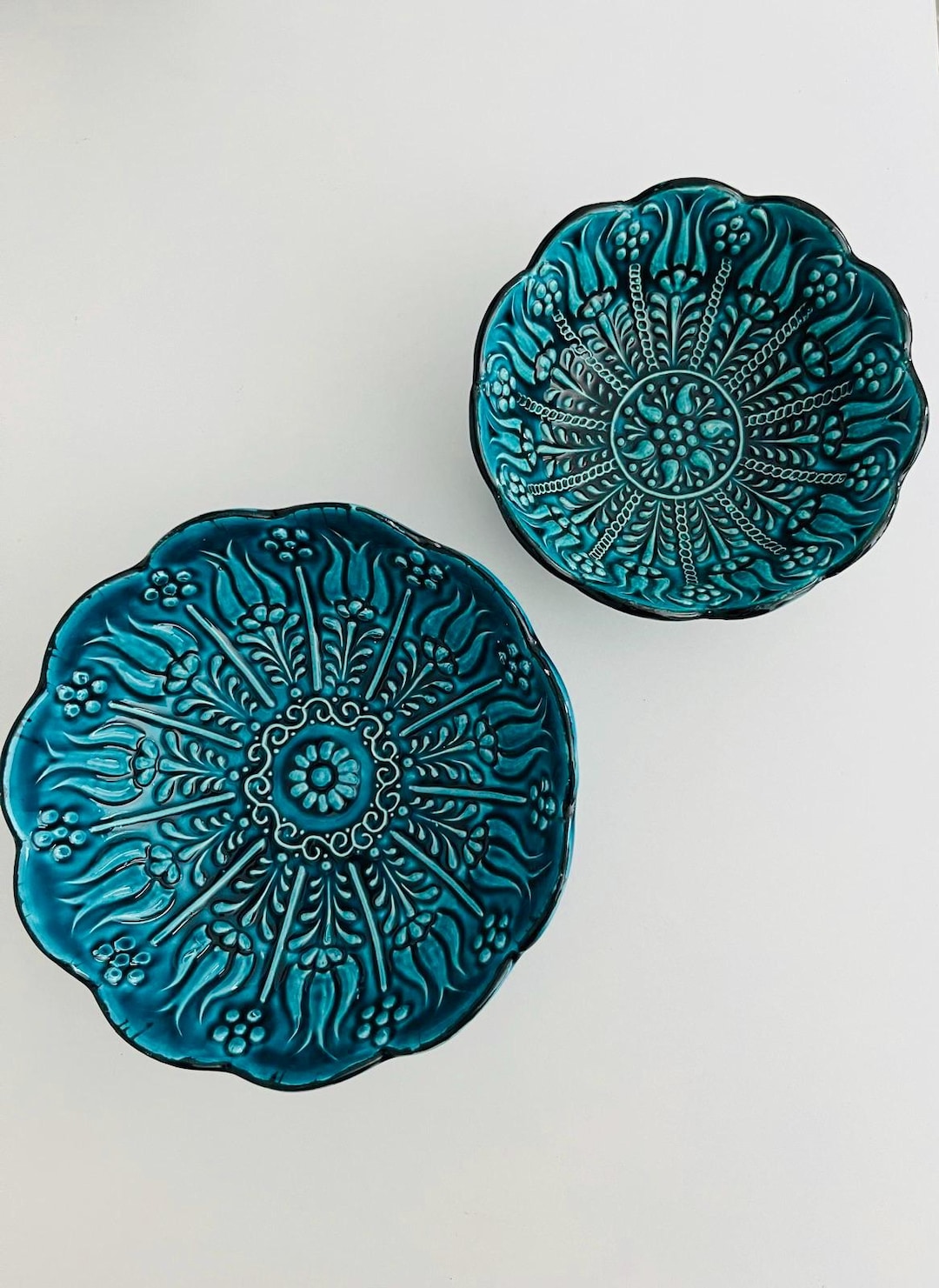 Handmade Turquoise Ceramic Bowl, Floral Design, Boho Decorative Bowl ...