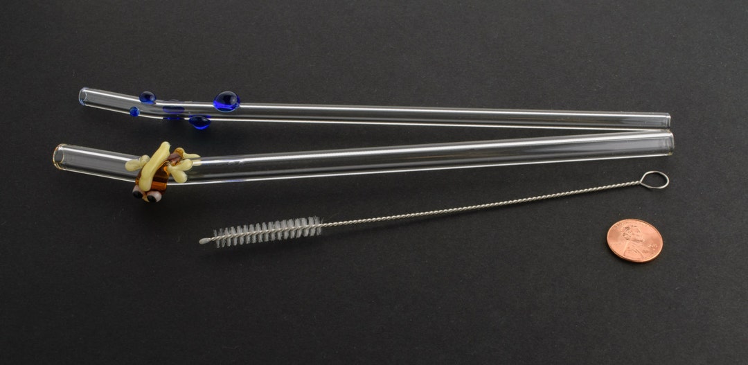 Koi Goldfish on Bent Glass Straw and Blue Bubbles Glass Straw Set Gift ...