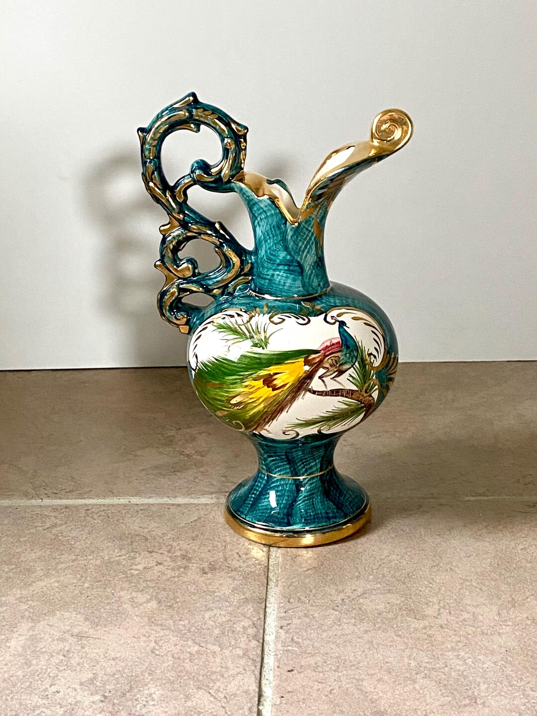 Vintage Ceramic Pitcher With Ornate Decorative Peacock and Gold ...