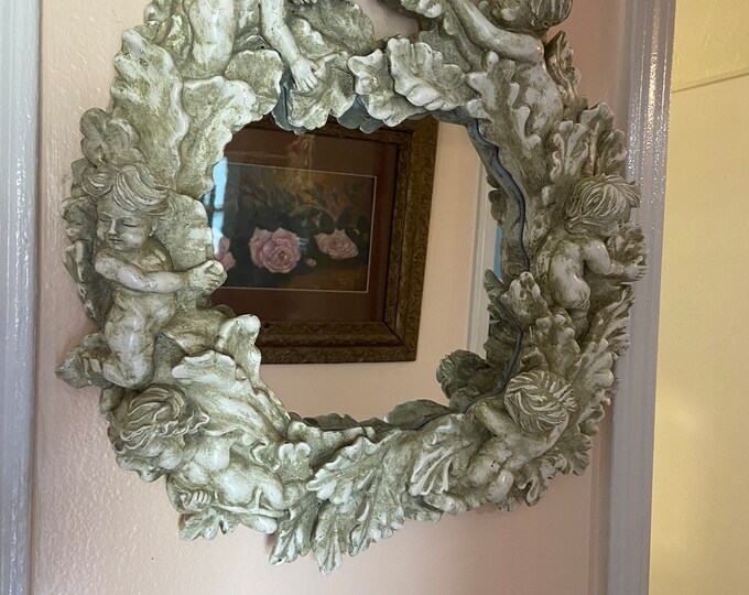 Rare Mirror Handmade Round Cherub Angel 3 Dimensional Ceramic Wall ...