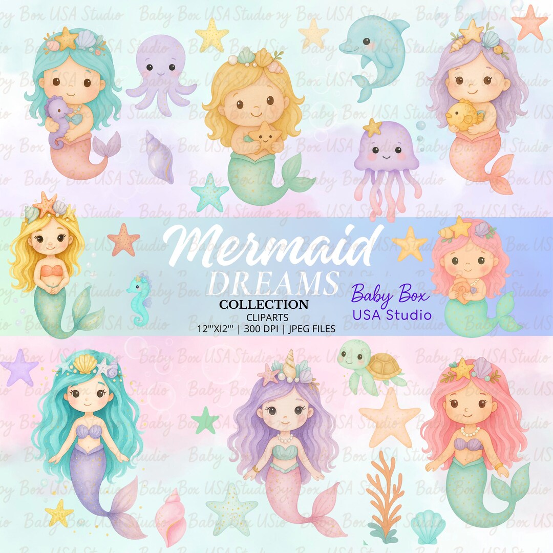 Mermaid Clipart Set | Fantasy Ocean PNG Images | Baby Shower ...