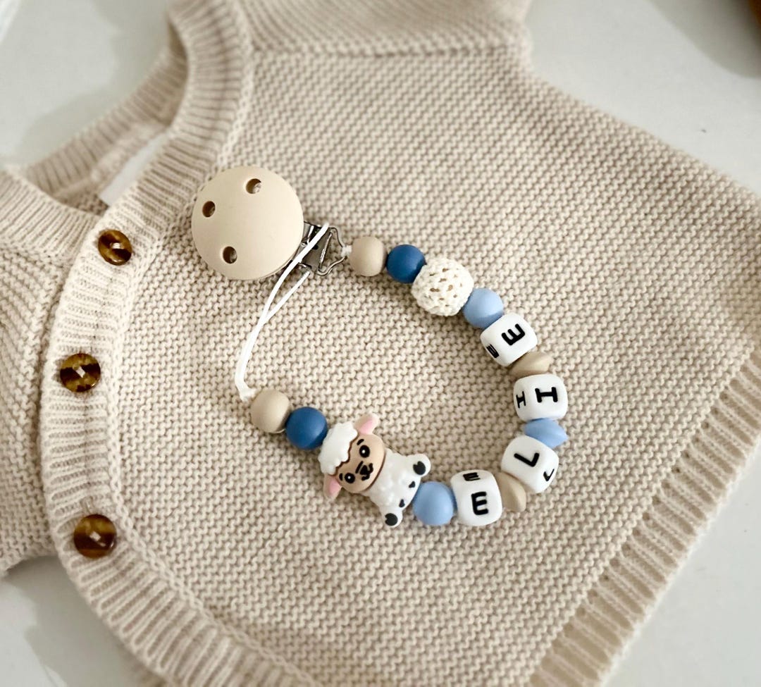Personalized Pacifier Clip With Baby Name SHEEP White Beige Blue Mixed ...
