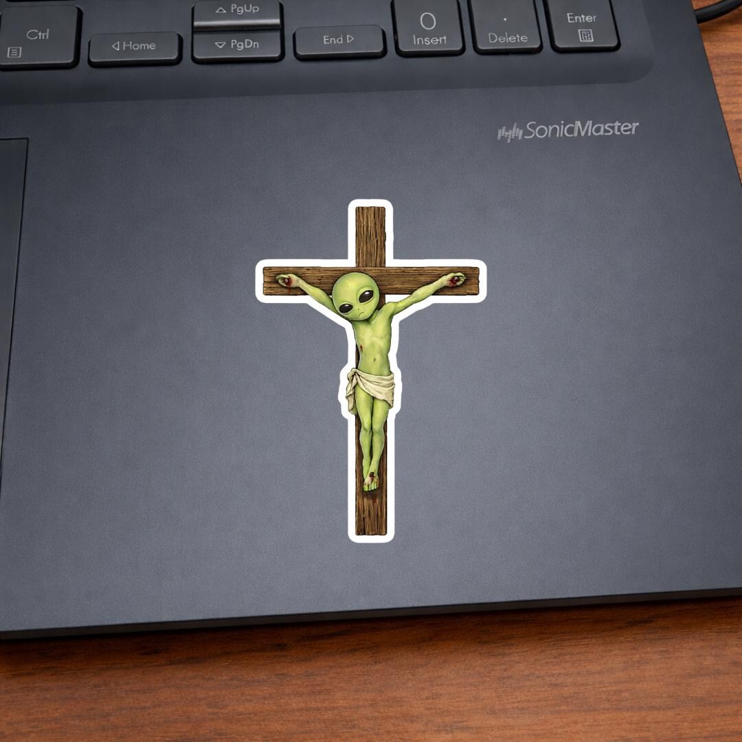 Alien Crucifix Sticker, Sci Fi Cross Parody Art, Gothic Dark Humor ...