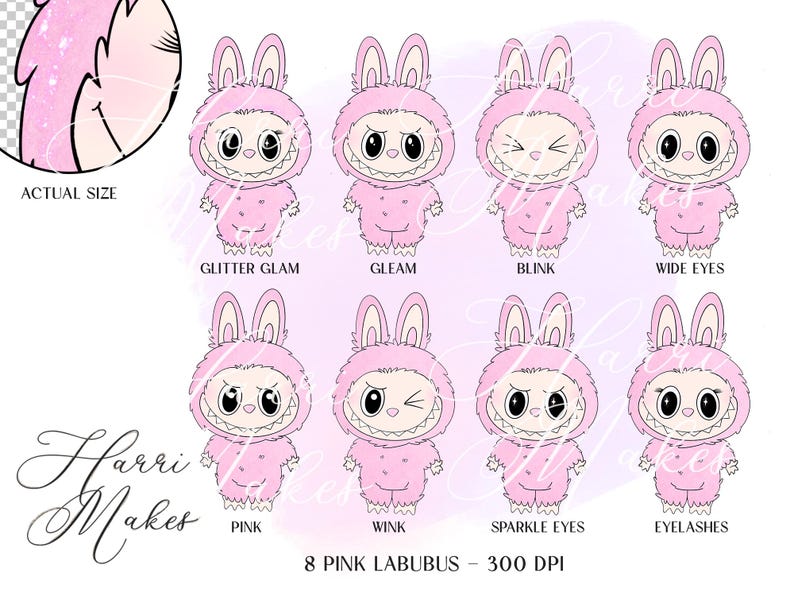 Pink Labubu Clipart: Glitter Accents, Transparent PNG (instant Download ...