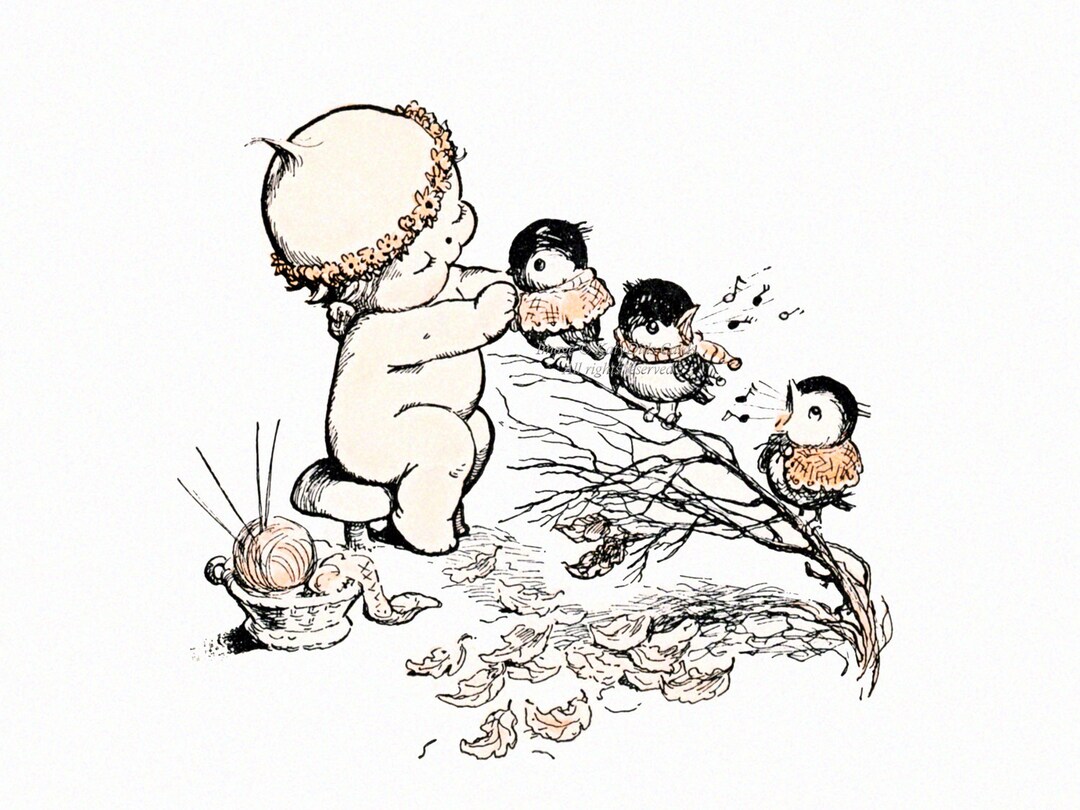 Kewpies Card - Kewpie Knits Sweaters for Birds - Rose O'neill - Etsy