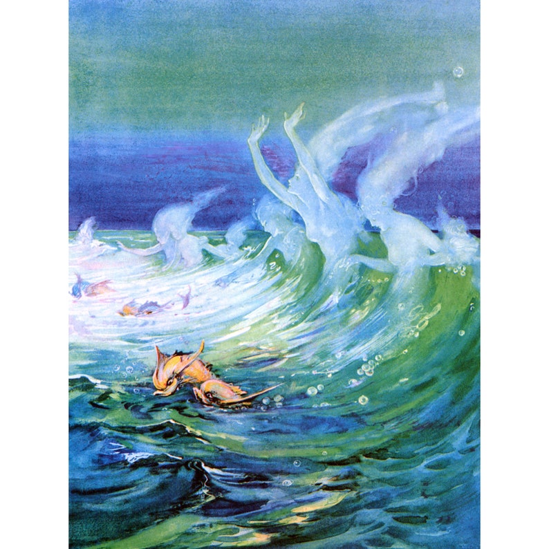 Mermaids Card Sea Sprites and Dolphins in the Waves at the - Etsy