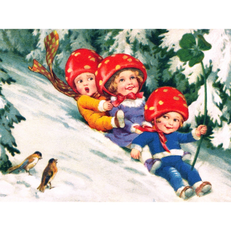 Christmas Card Mushroom Fairies Go Sledding New Year - Etsy