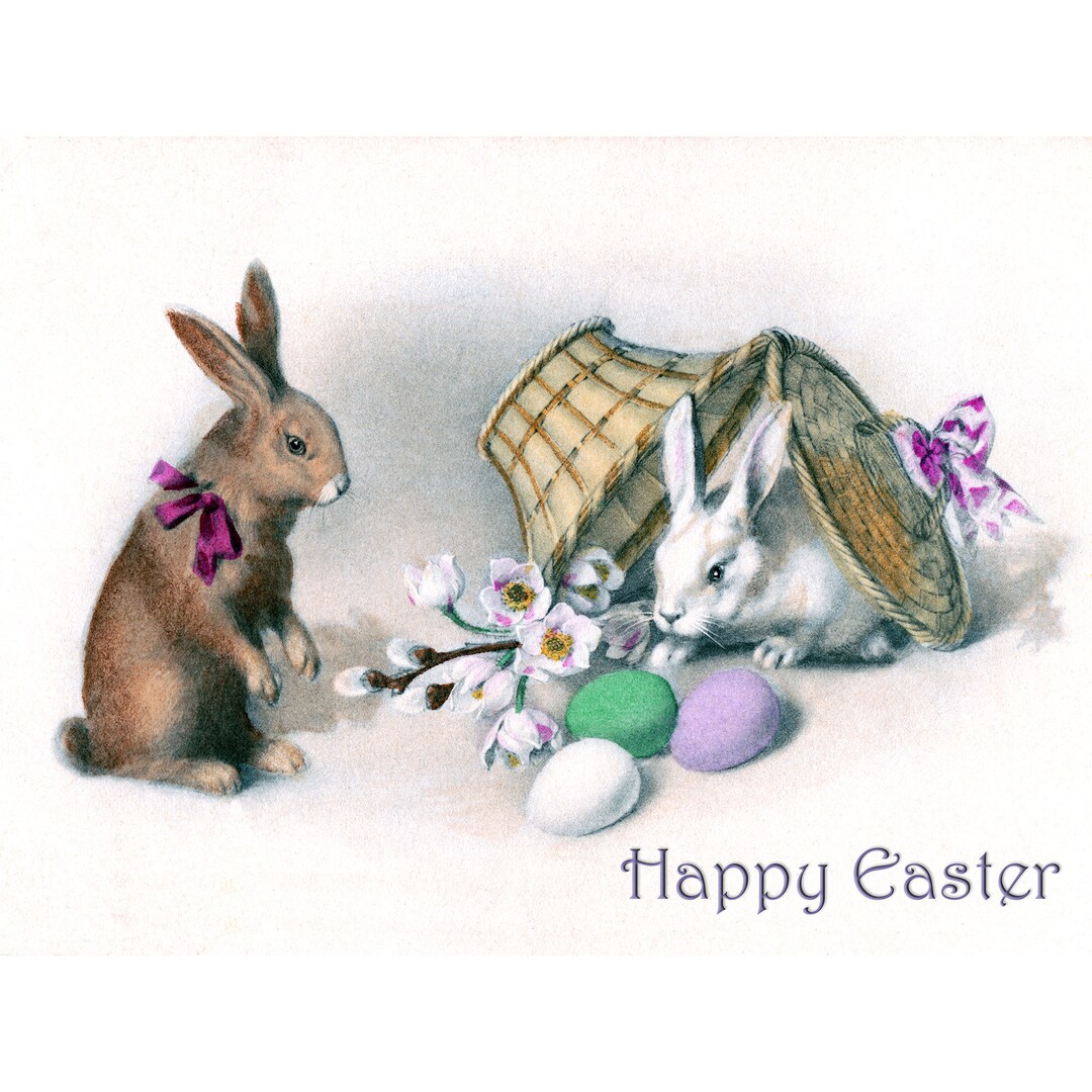 Easter Card - Bunnies With Colored Eggs and Flowers - Rabbit Art ...