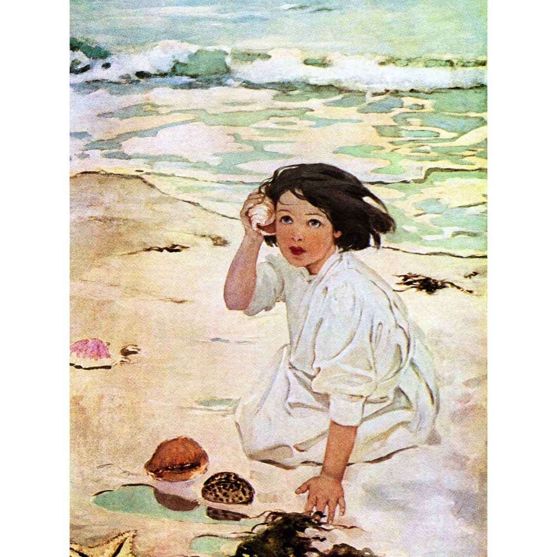 Girl With Seashell at the Beach Print Child at the Seashore - Etsy