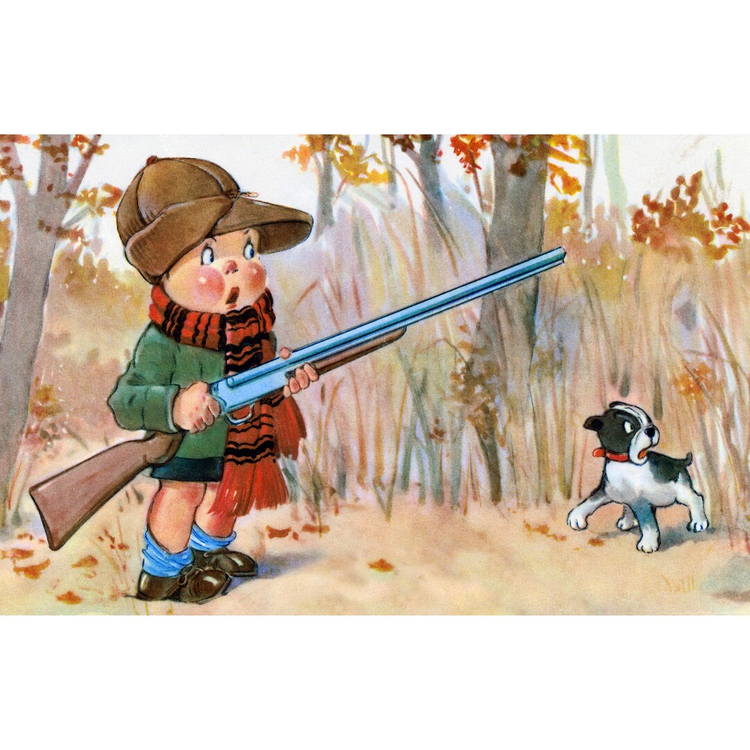Hunting Greeting Card Boy and Boston Terrier Scared Art Outside and in ...