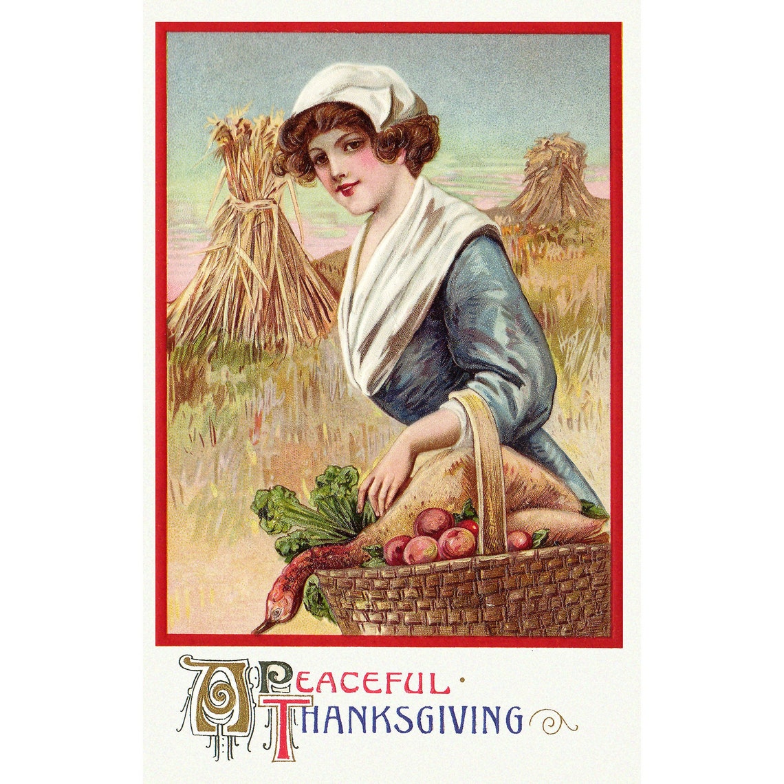 Thanksgiving Card Pilgrim Girl W Food Basket Repro - Etsy
