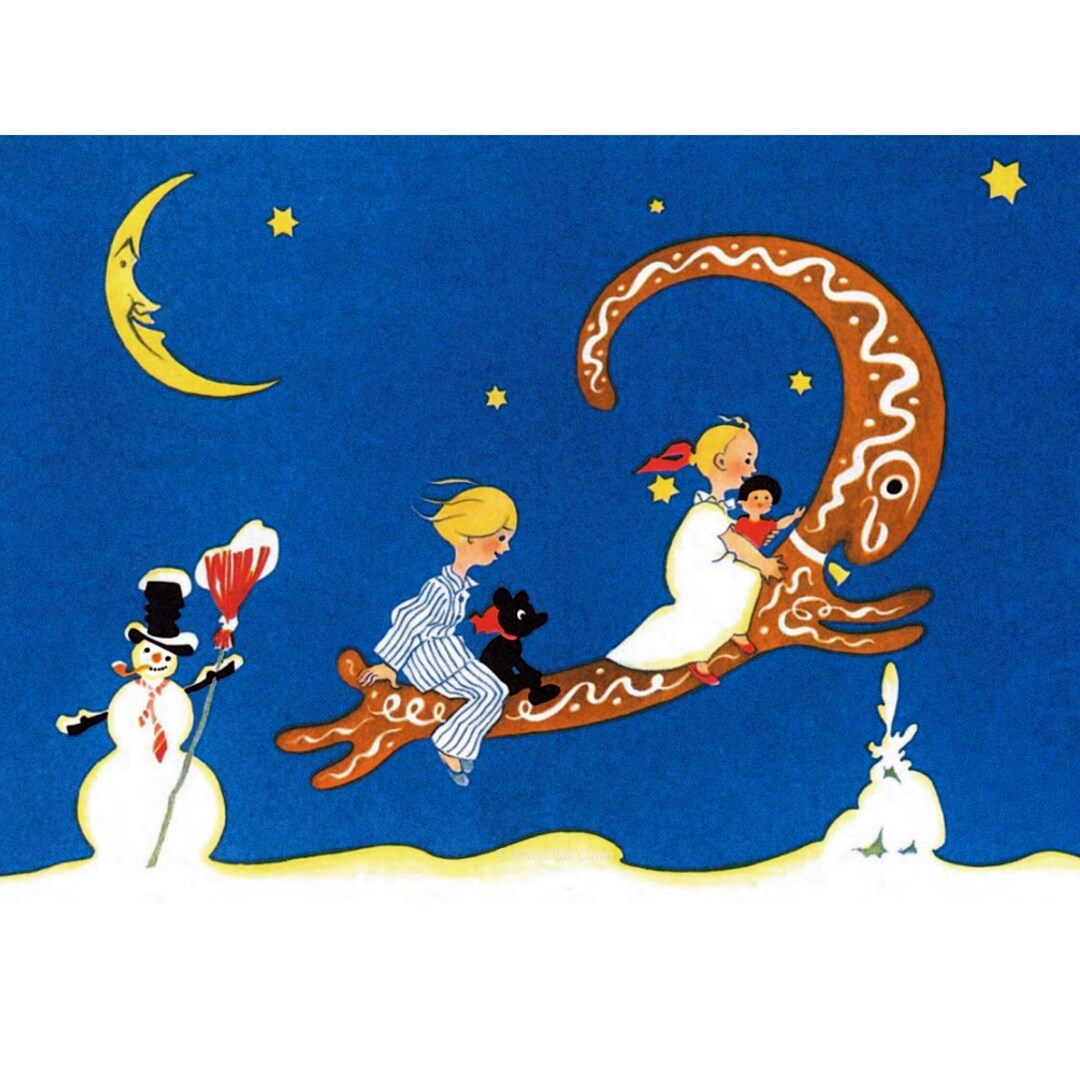 Christmas Card - Boy and Girl Ride Dala Goat Yule Goats Crescent Moon ...
