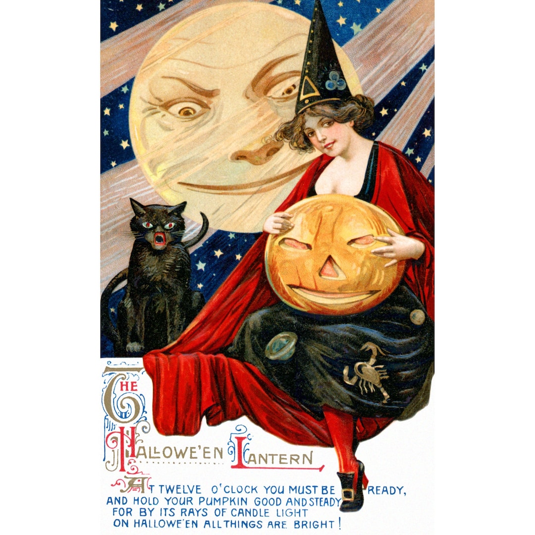 Halloween Witch Card: Black Cat & Jack O'lantern - Repro Vintage Art - Etsy
