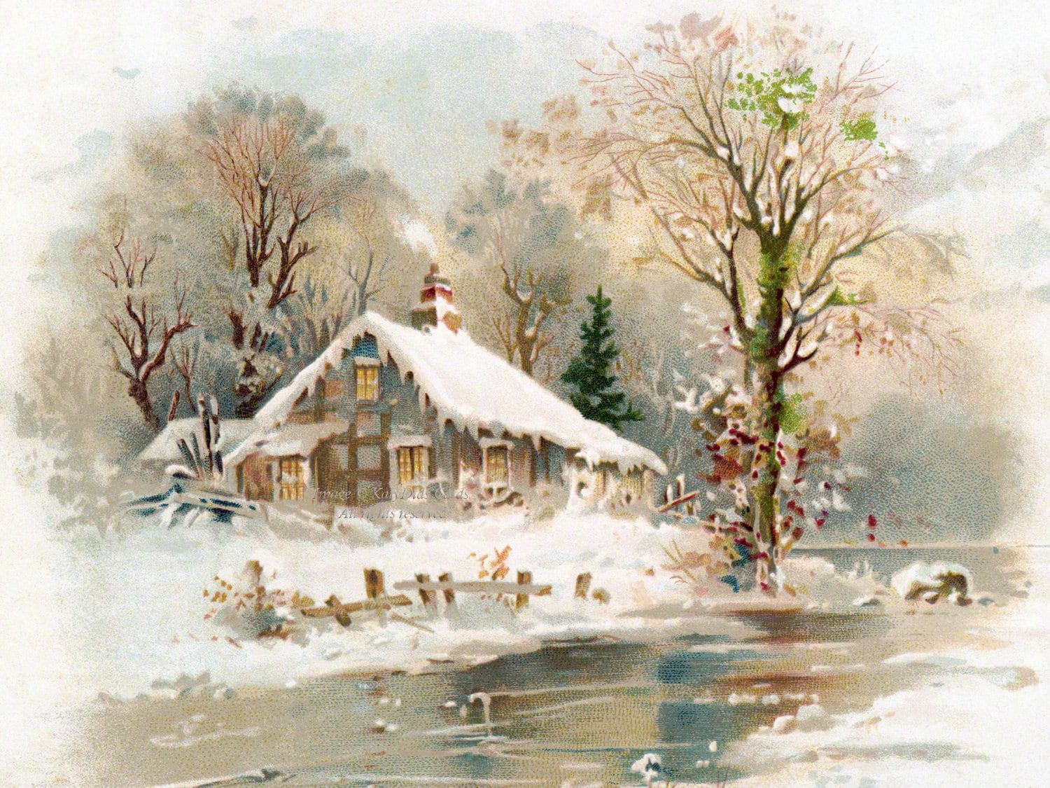 Holiday Card Snow Covered Cottage in the Woods Christmas | Etsy