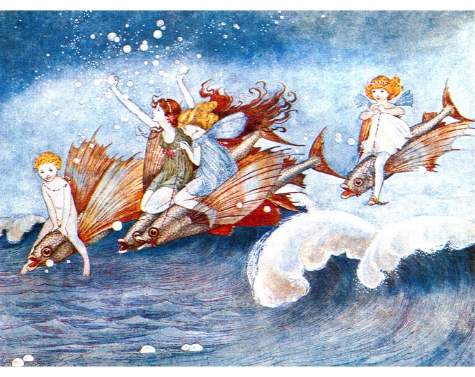 Fairy Card Mermaids and Fairies Ride Flying Fish in the Ocean Notecard ...