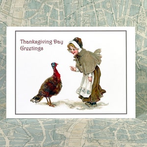 Thanksgiving Card - Pilgrim Girl With Turkey - Vintage Style Repro ...