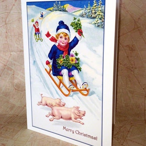 Pig Holiday Card - Girl Sled Rides With Pigs - Christmas New Year God ...