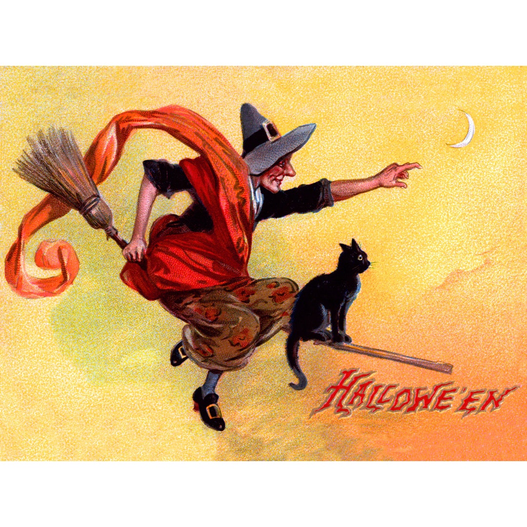 Halloween Card - Witch Flies on Broom With Black Cat - Repro Brundage ...