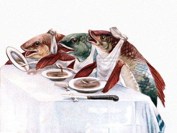 Anthropomorphic Fish Eat Dinner Repro Vintage Style - Etsy
