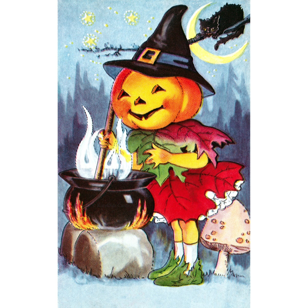 Halloween Card - Jack O Lantern Witch Stirs Cauldron - Pumpkin Head ...