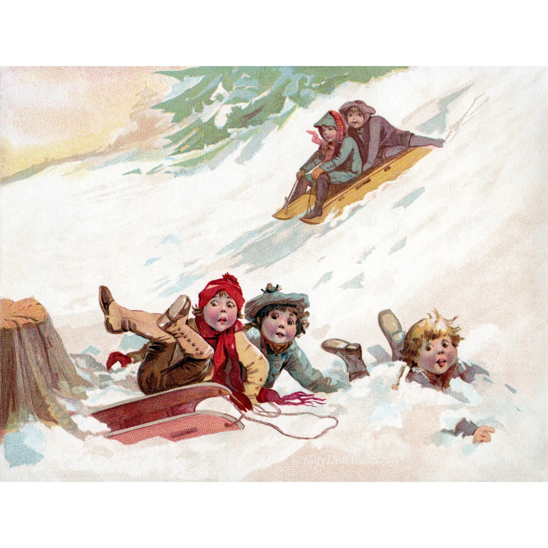 Christmas Card - Children Sledding Sled Riding - Holiday Wall Decor - Etsy