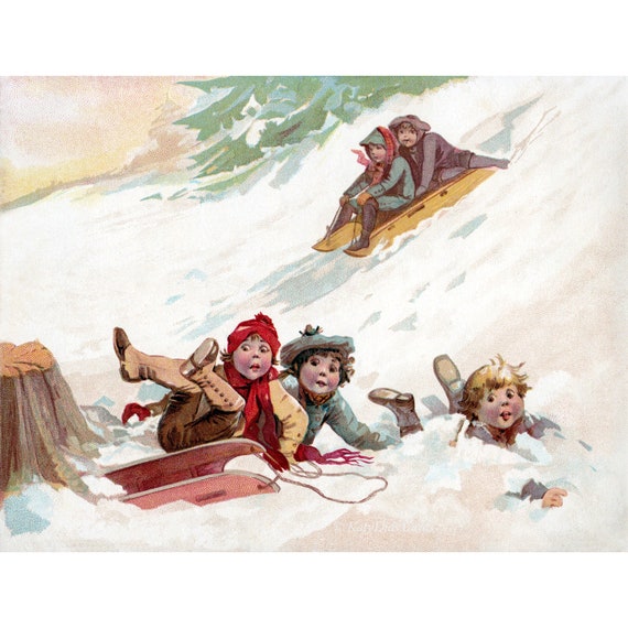 Christmas Card Children Sledding Sled Riding Vintage Style | Etsy