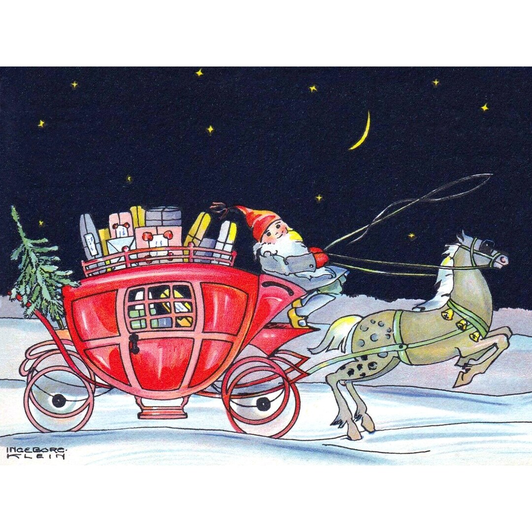 Christmas Card - Santa Claus Drives a Horse Drawn Coach - Scandinavian ...