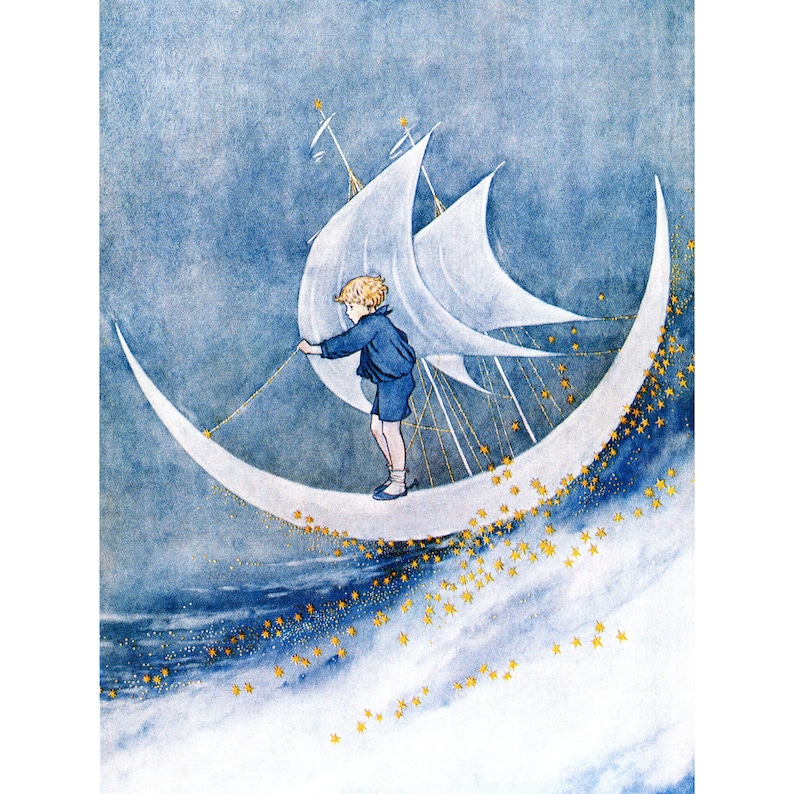 Fantasy Greeting Card Little Boy Sails the Sea on the Moon - Etsy
