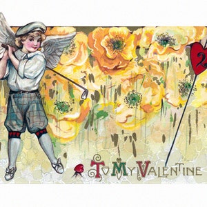 Valentines Day Card - Cupid Boy Plays Golf With Hearts and Flowers - Etsy