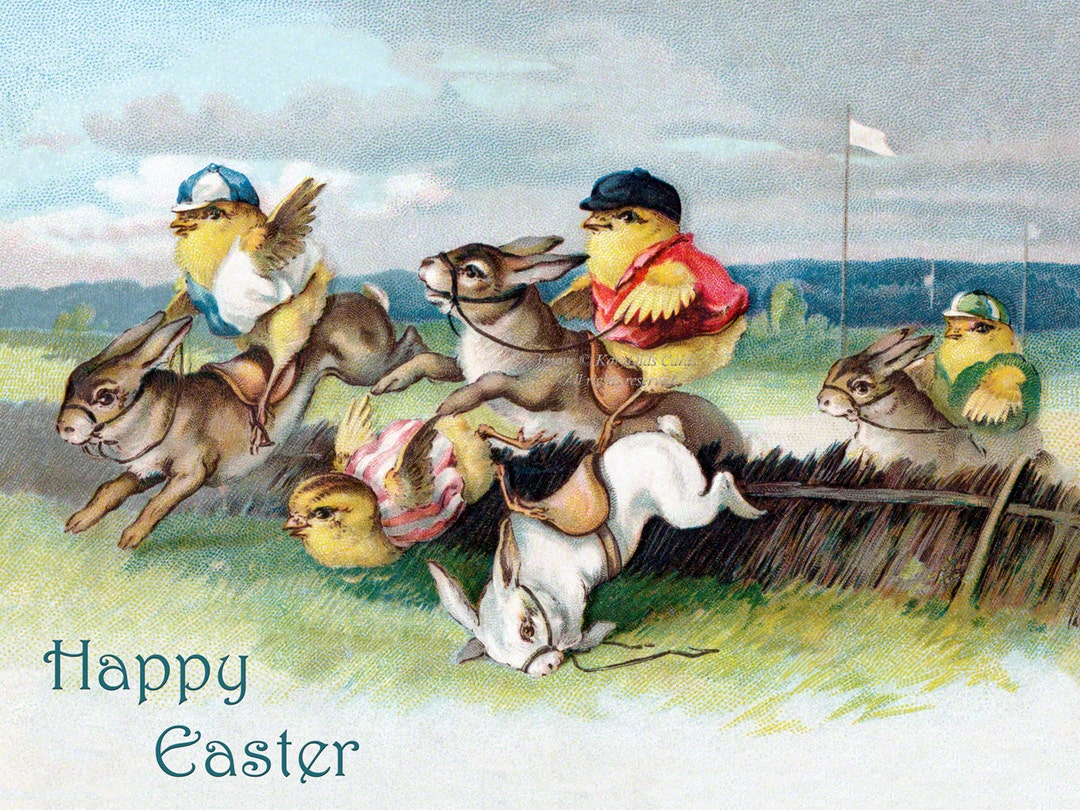 Easter Card - Chicks Ride Bunnies as Horses - Steeplechase Racehorses ...